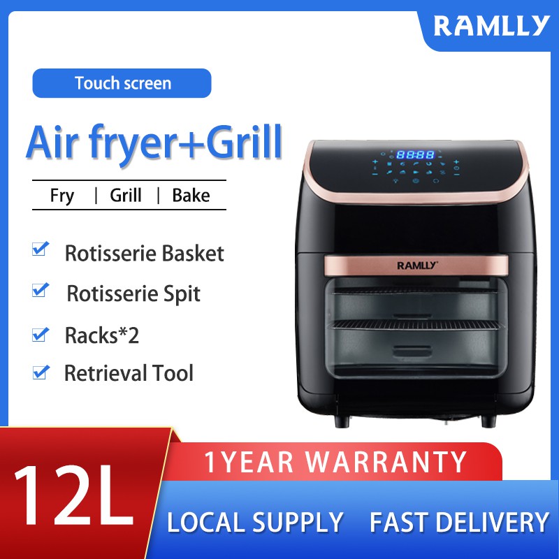 Ramlly 12L Capacity Multi-function Air Fryer oven with 10 preset.rotisserie basket and shaft BBQ ...
