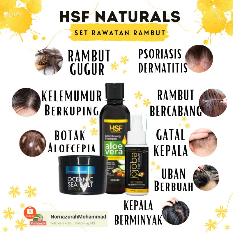 SET RAWATAN RAMBUT GUGUR KELEMUMUR BERKUPING PSORIASIS BERMINYAK GATAL HSF NATURALS ADVANCE ...