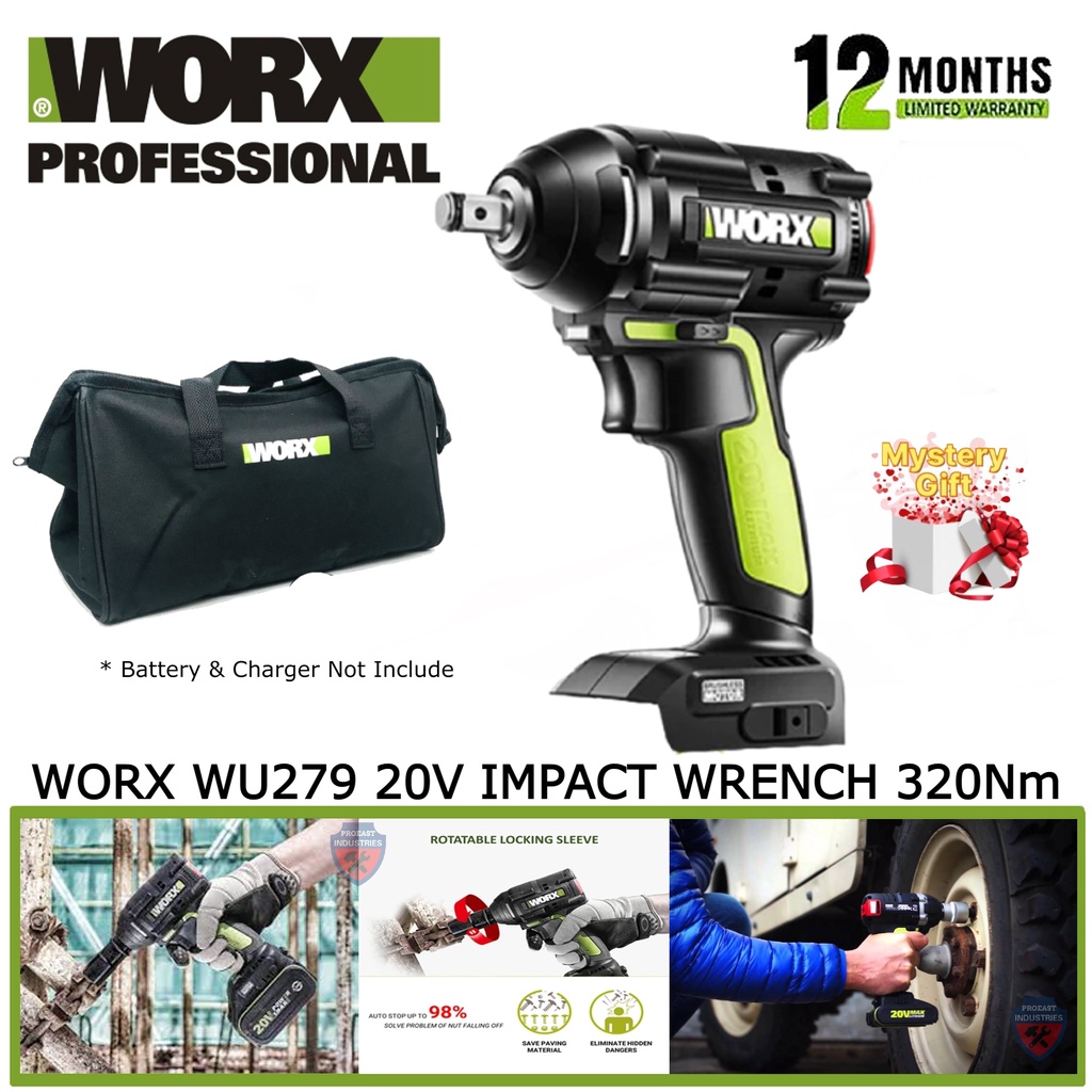 Worx 20v Wu279 Cordless 1 2 Impact Wrench 320nm Brushless Bare Tool