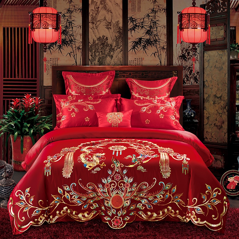 4 IN 1 Chinese Wedding Bed Sheet Sets Embroidery Red Bedding Set Queen King Duvet Cover Flat Sheet Pillowcase Shopee Malaysia