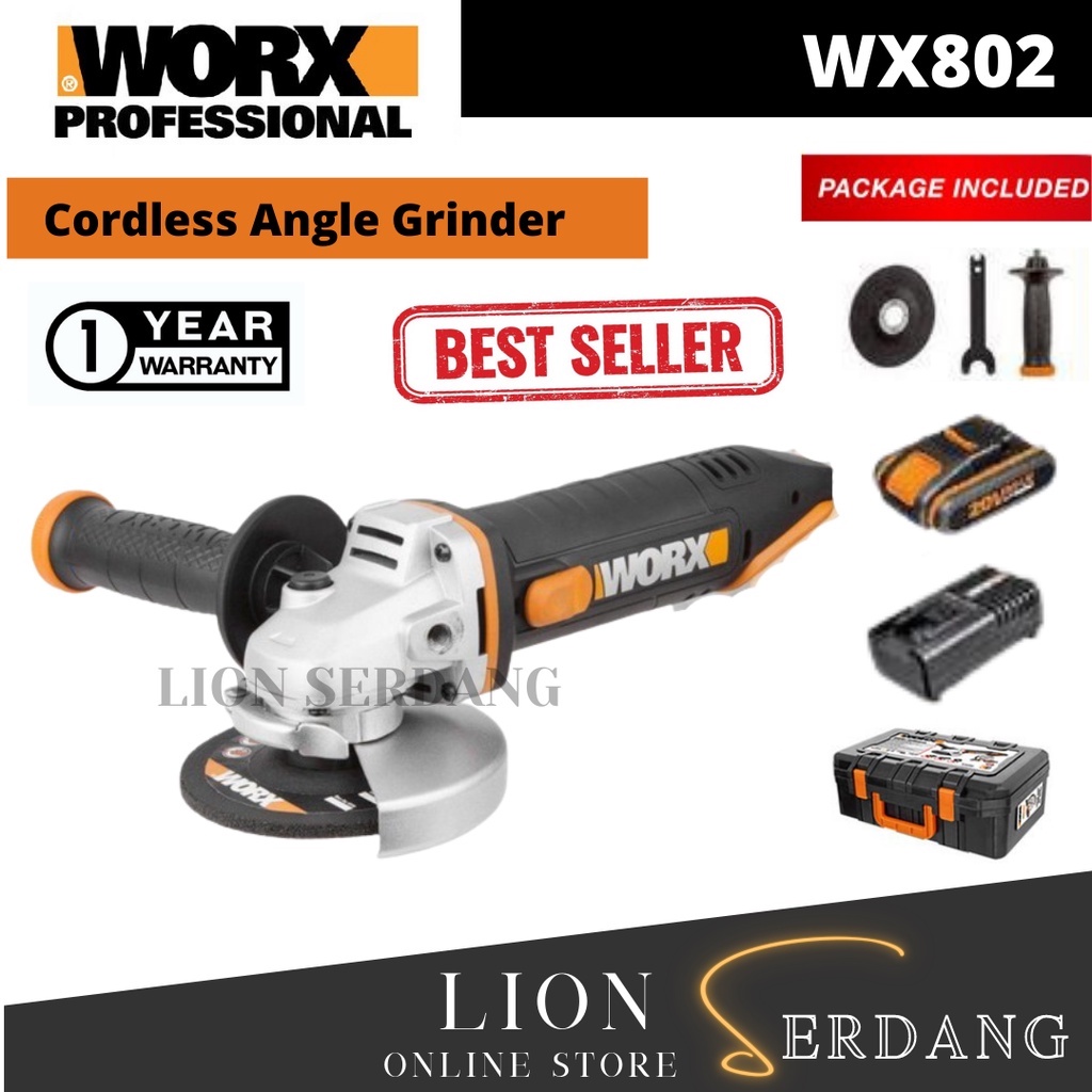 WORX WX802 20V 2.0Ah Max Lithium-Ion Cordless Angle Grinder with Power Share Battery Technology ...