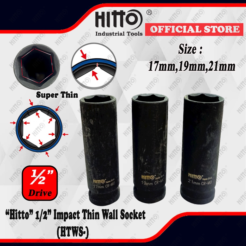 [ HITTO ] 1/2"DR. DEEP THIN WALL DEEP IMPACT SOCKET/Socket Sport Rim ...