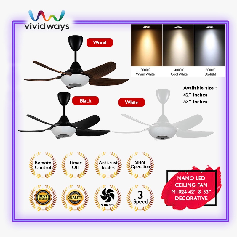 K2 VIVIDWAYS NANO LED CEILING FAN M1024 42" / 53" INCH WOOD/BLACK/WHITE ...