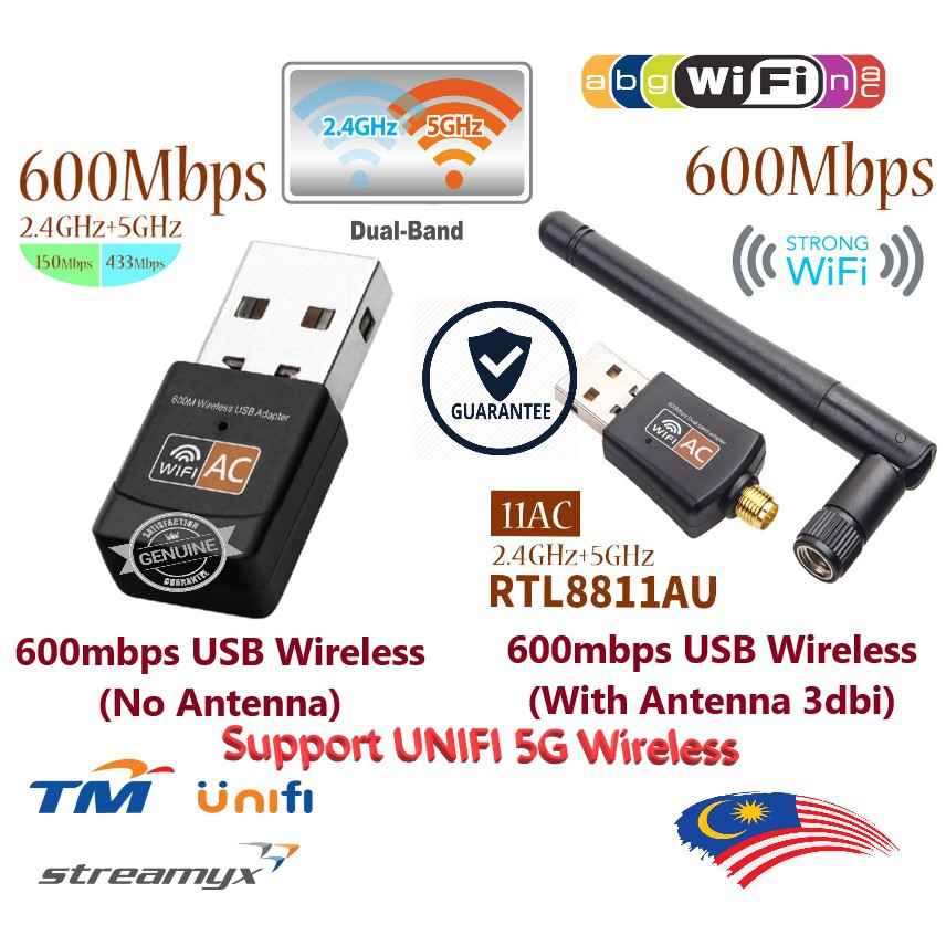 2.4G/5GHz 600Mbps Wireless USB WiFi Adapter UNIFI 5G - Dual Band Antenna PC Laptop | Shopee Malaysia