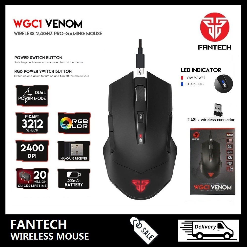 FANTECH WGC1 VENOM WIRELESS MOUSE 2.4GHZ PRO-GAMING MOUSE 2400DPI ...