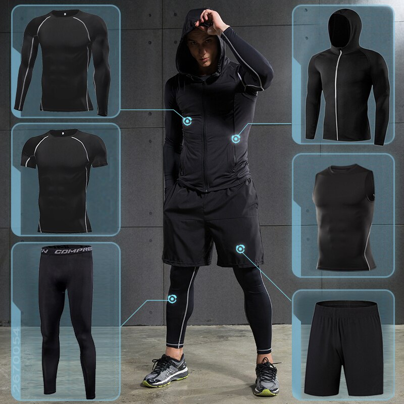 7PCS Men's Running Sports Suit Gym Fitness Compression Clothing Jogging ...