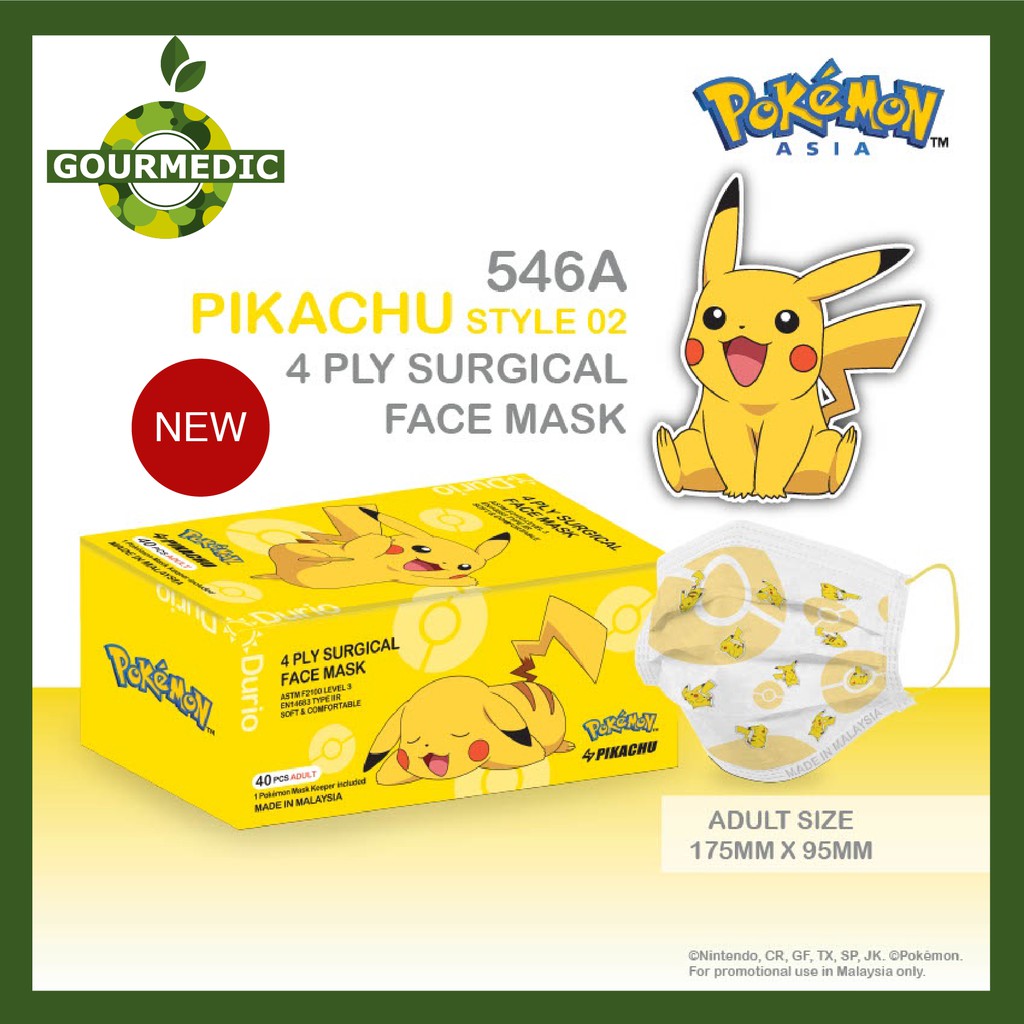 Durio 546A Adult Pokémon 4 Ply Surgical Adult Face Mask - Pikachu 02 ...