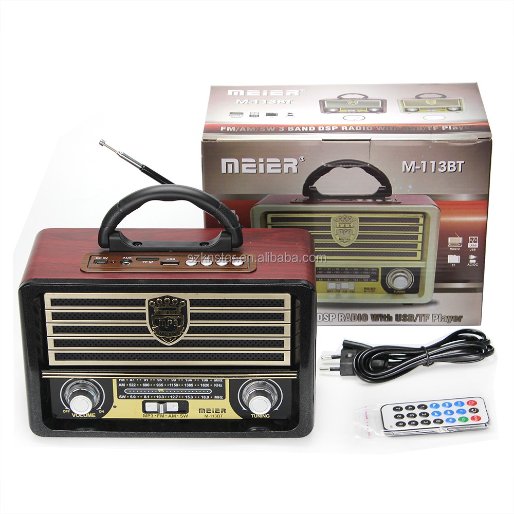 MEIER M113BT FM Radio USB Radio Portable Rechargeable Wooden Radio With USB TF Card Bluetooth ...