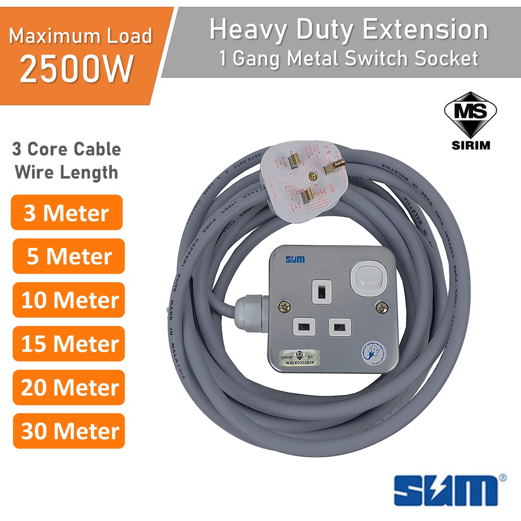 SUM Heavy Duty Metal Clad 13A Switch Socket Extension Trailing Wire ...