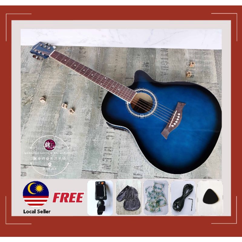 Ballad Wood Acoustic Guitar Blue Gitar Akustik Biru 民谣加电箱木吉他 蓝色 ...