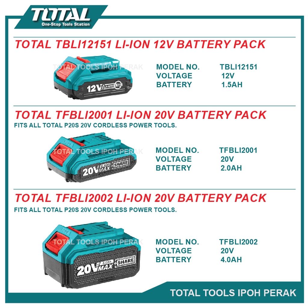 TOTAL TBLI12151 Li-ion 12V , TFBLI2001 Li-ion 20V , TFBLI2002 Li-ion ...