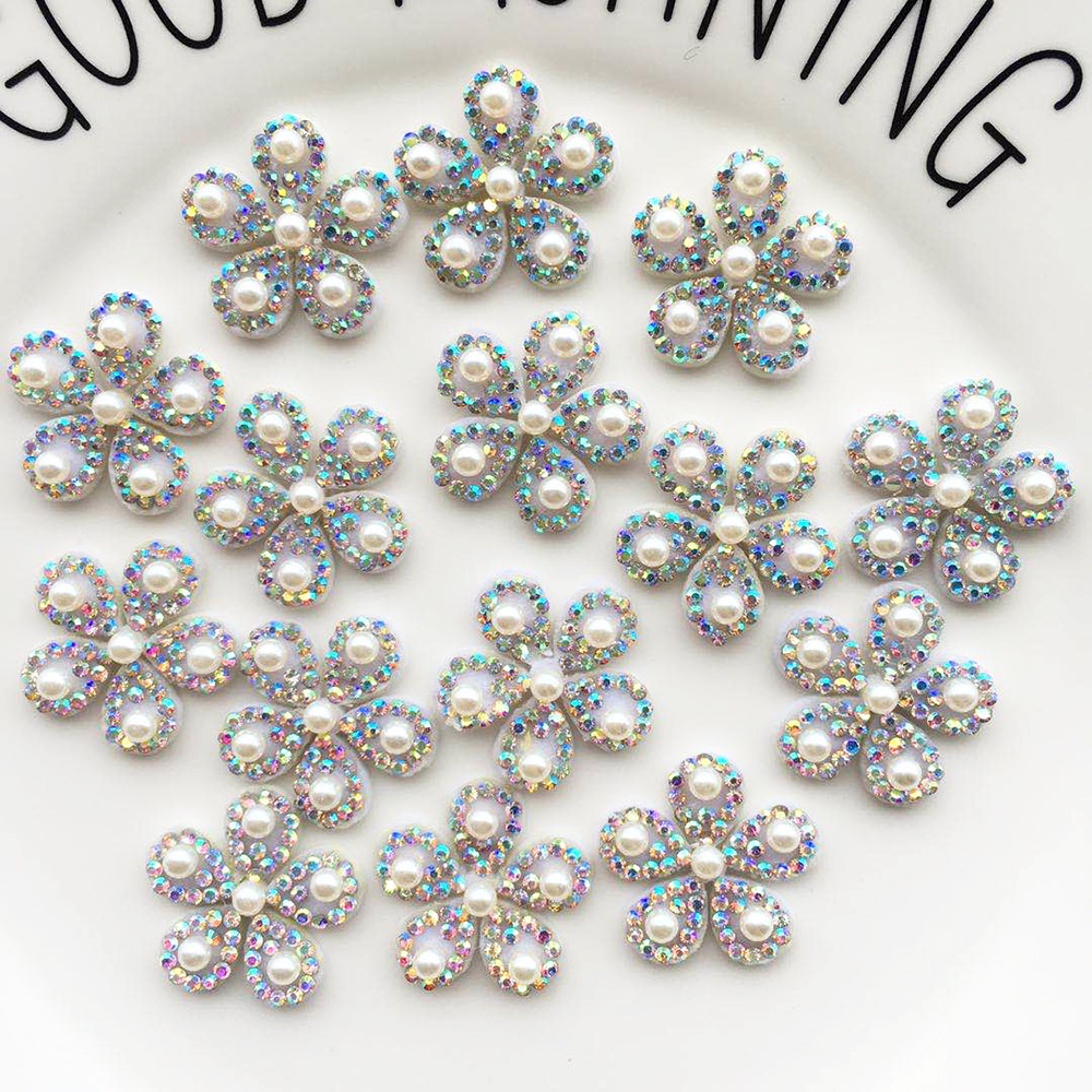 10 Pcs Pearl diamond small flower cloth stickers non-woven hot diamond ...