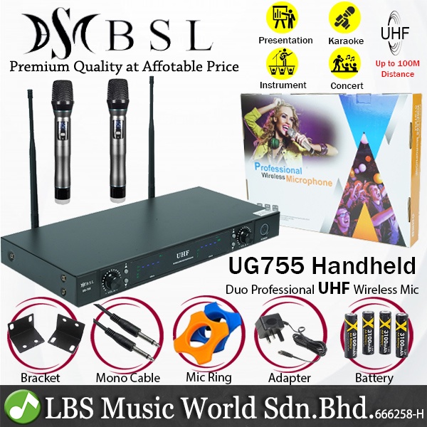 BSL UG755 Dual Handheld UHF Wireless Microphone System Set with 2 Hand ...