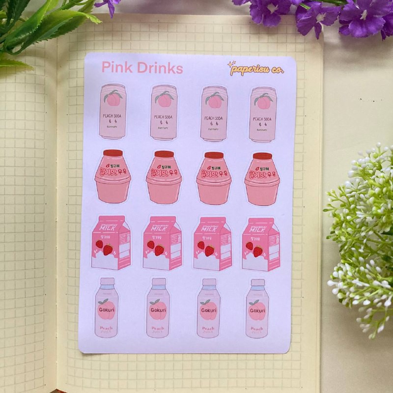 PAPERISUCO Cute Journal Sticker - Pink Drinks Journal Doodle Sticker ...