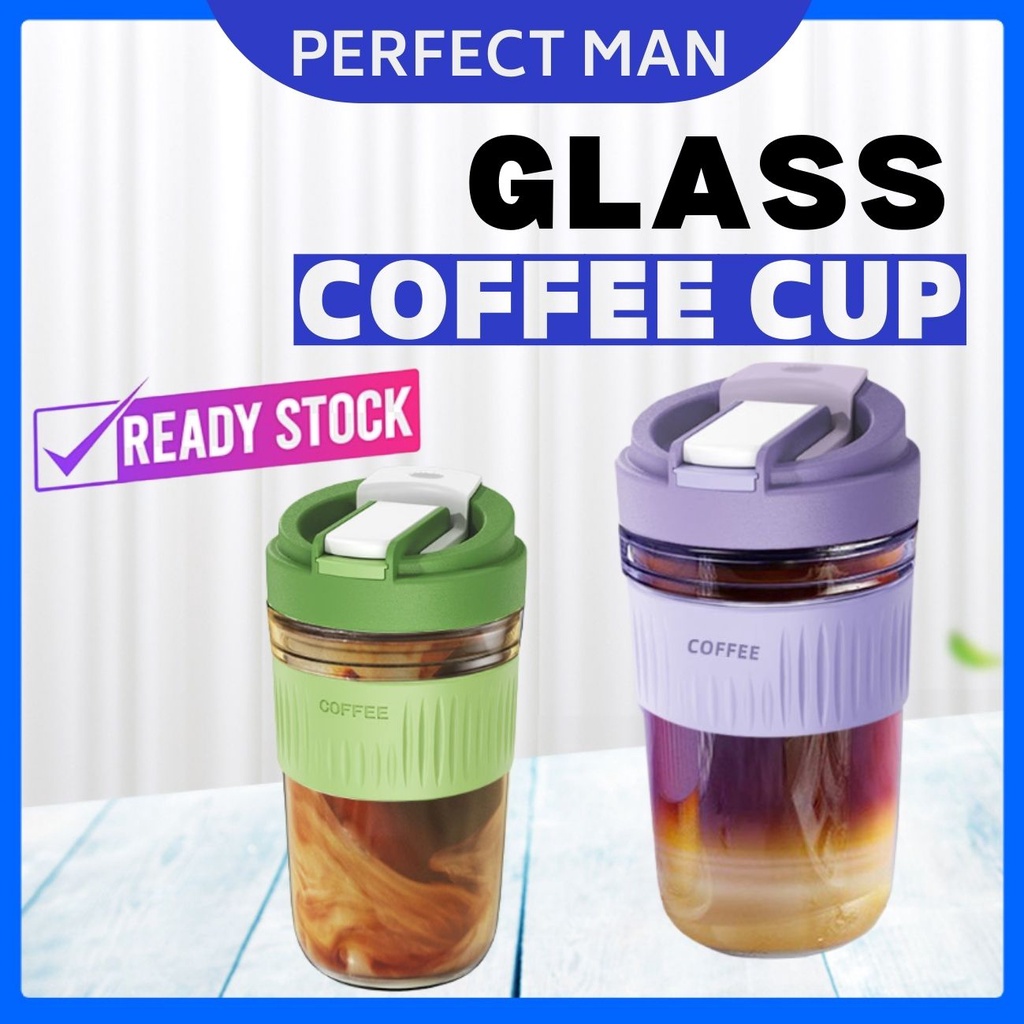 (550ML) Glass Coffee Cup with Lid Water Bottle Glass Cup with Straw ...