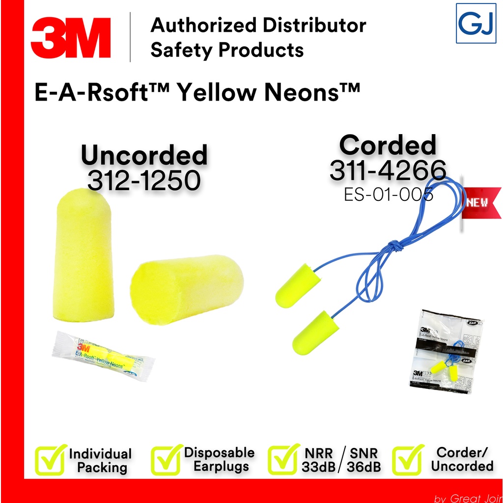 3M Earplug E-A-Rsoft™ Yellow Neons™ Foam Earplugs/ 311-4266 Corded ...