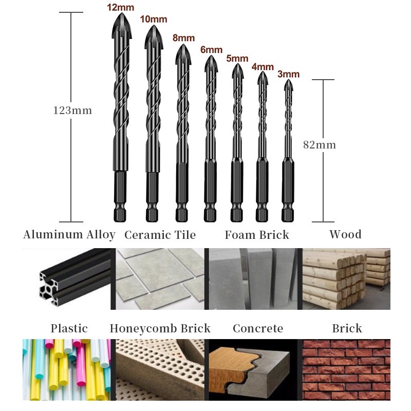 🔥4/5/7PCS🔥3-12mm 4 Flute Cross Hex Tile Drill Bits Set forFor Tile ...