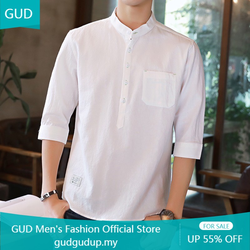 Shirt Men 100% Cotton Linen Baju Short Sleeve Kemeja Lelaki Solid Color ...