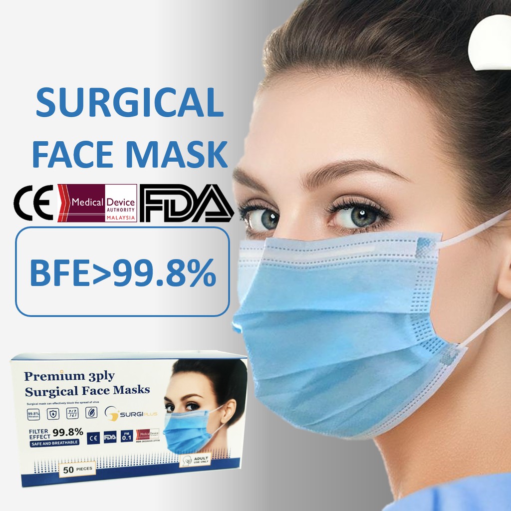 SURGIPLUS 50PCS SURGICAL FACE MASK 3 PLY BFE >99%, SURGICAL FACE MASK ...