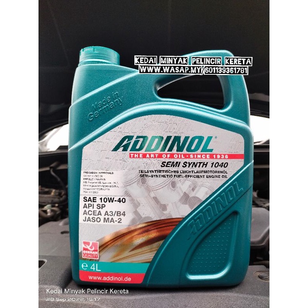 [ ADDINOL ] Semi Synthetic 10w40 (4L) - API SP ACEA A3/B4 JASO MA2 | Shopee Malaysia
