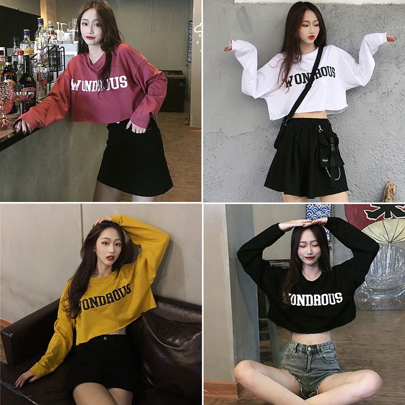 new fashion crop top plus size long sleeve loose tshirt baju korean ...