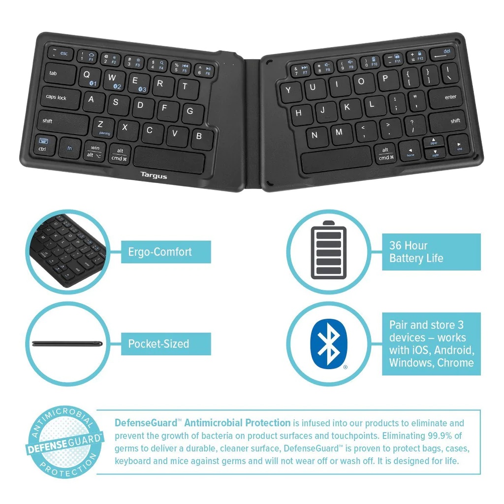 Targus Ergonomic Foldable Bluetooth® Antimicrobial Keyboard AKF003AP-50 ...