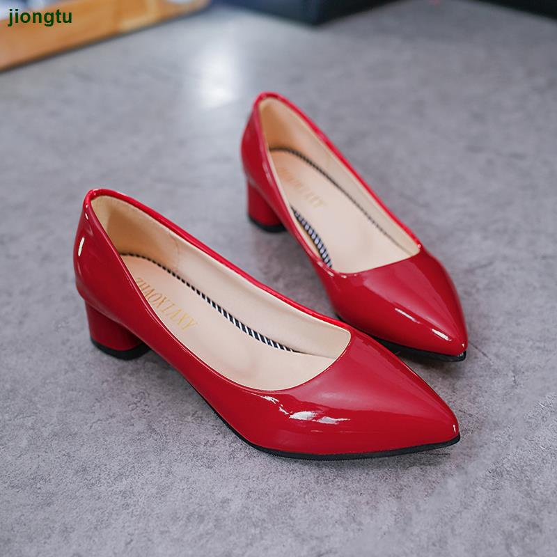 Pointed Toe Work Shoes Thick Heel Low High Heels Shiny Patent Leather ...