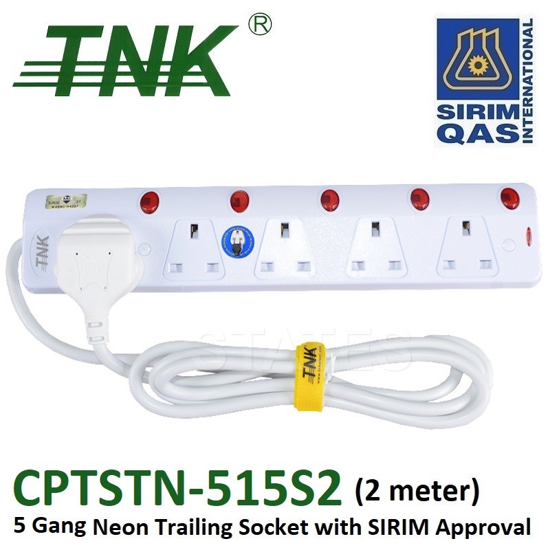 TNK 5 Gang Neon Trailing Socket with 3 Pin 13A Fuse Molded Plug 2 meter ...