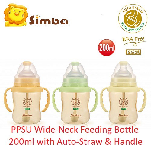 Simba PPSU Wide-Neck Baby Feeding Bottle with Auto-Straw & Handle 200ml (6187) | Shopee Malaysia