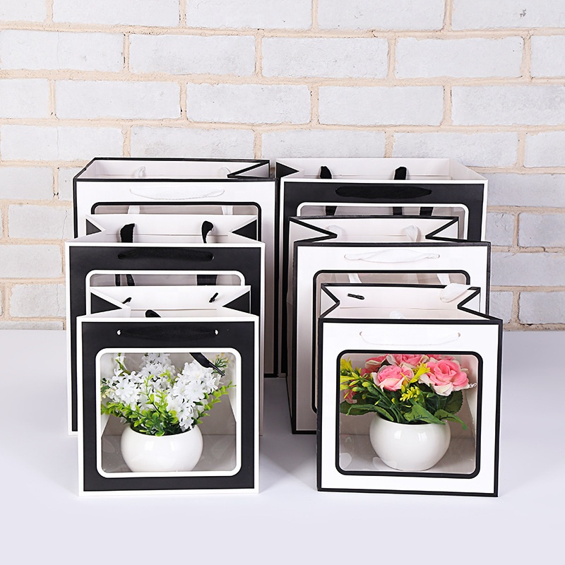 SQUARE Window Paper Bag with Ribbon Handle / Bouquet Window Gift Bag ...
