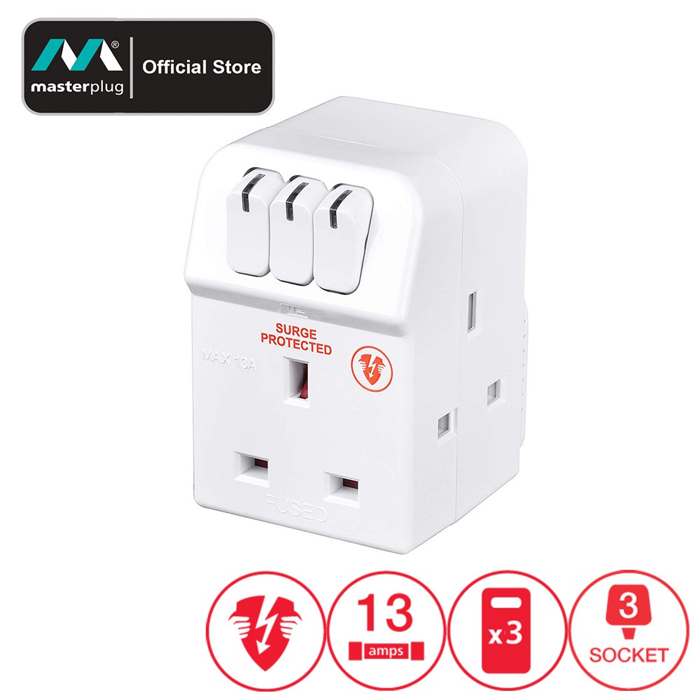 Masterplug Surge Protector 3 Gang 13Amp Individually Switched Adaptor ...