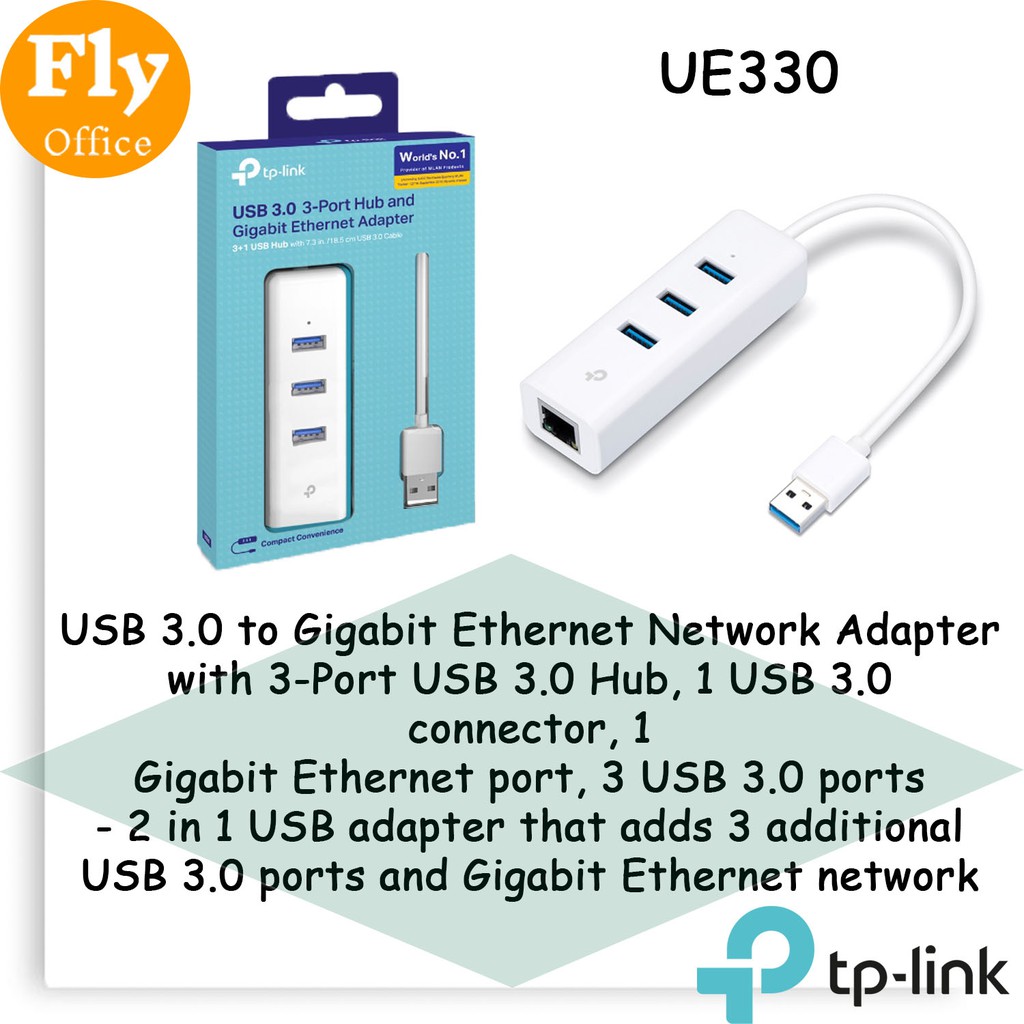 TP-Link UE330 USB 3.0 3-Port Hub & Gigabit Ethernet Adapter 2 in 1 USB Adapter + Free Gift ...