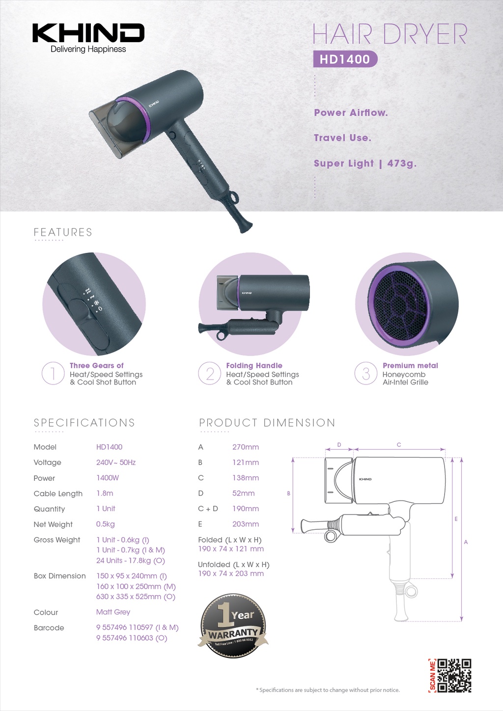 Khind Hair Dryer HD1400/HD1002/HD1800/HD1422/HD1822/Faraday FHD1000 ...