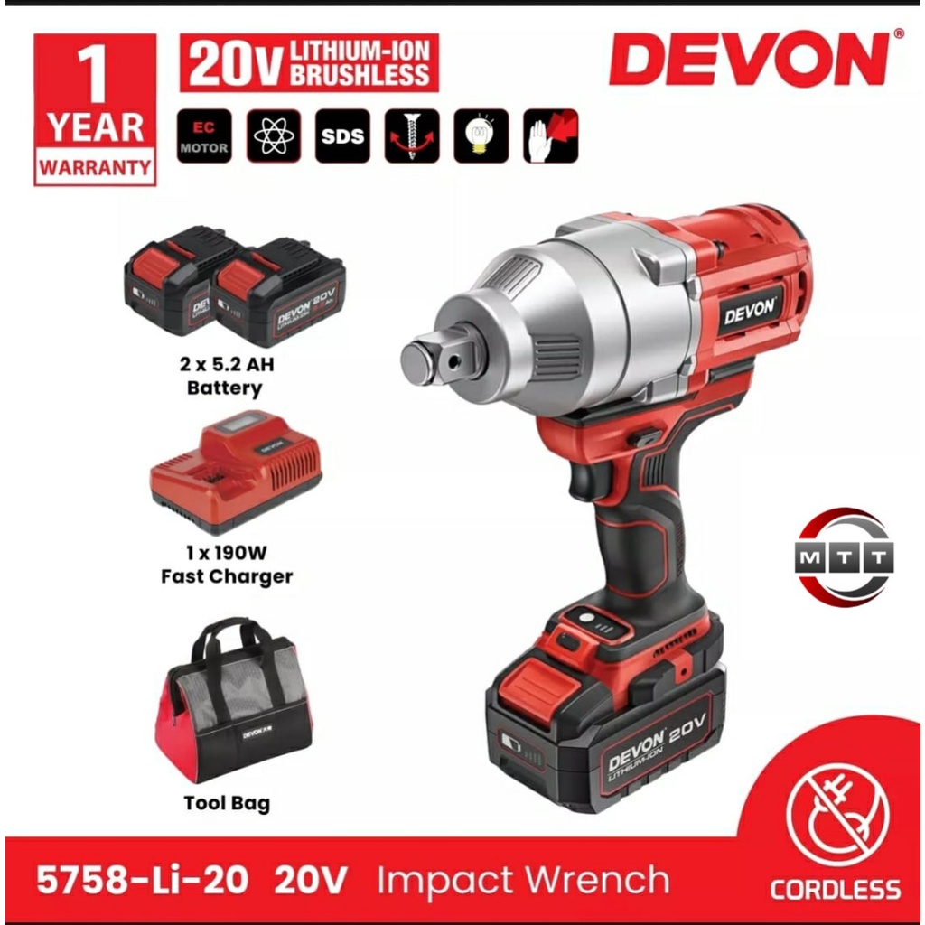 DEVON 5758-Li-20 20V Lithium-Ion Brushless Cordless Impact Wrench 1900N ...