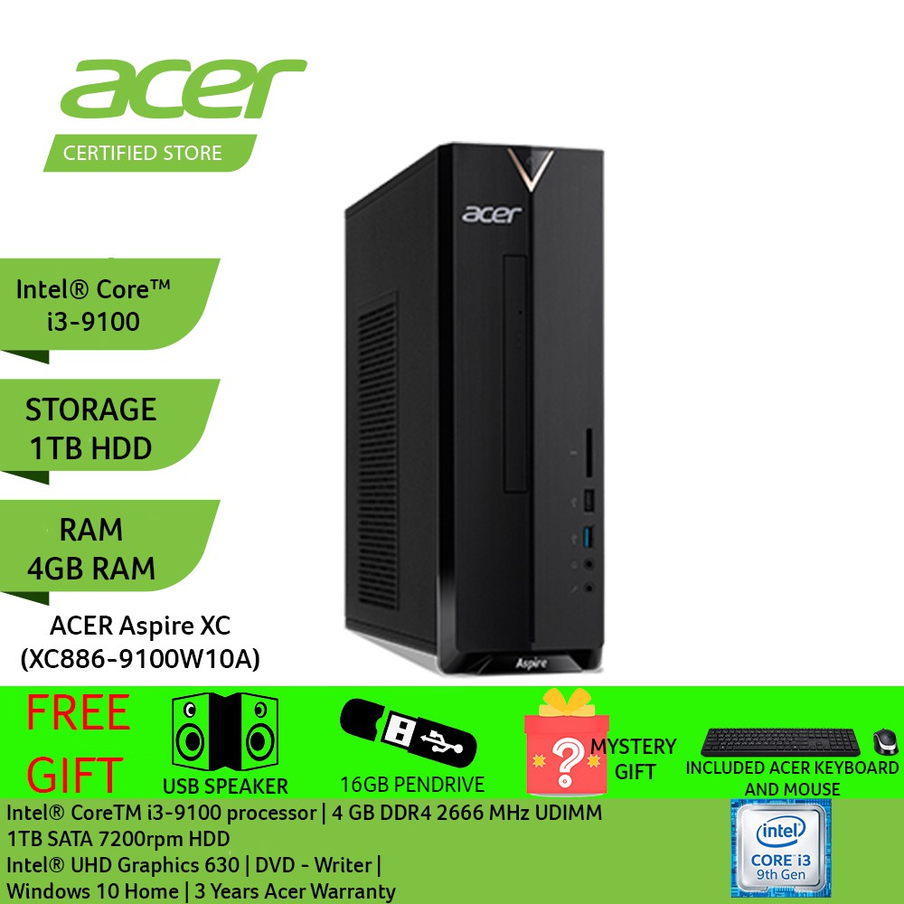ACER ASPIRE XC886-9100W10A DESKTOP PC I3-9100 4GD4 1TB WIN10H | Shopee ...