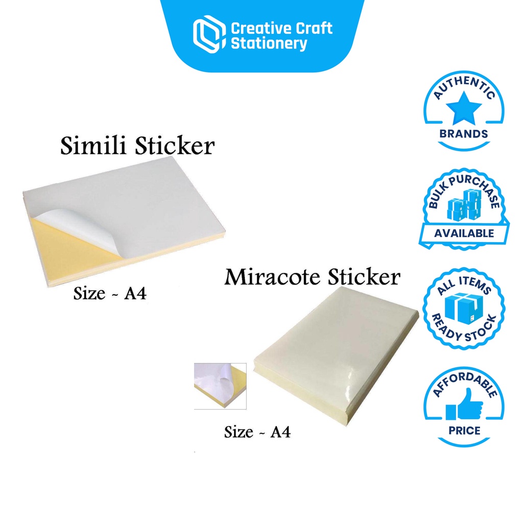 A4 WHITE Matte Simili Paper Sticker 20 shts | A4 WHITE Glossy Simili ...