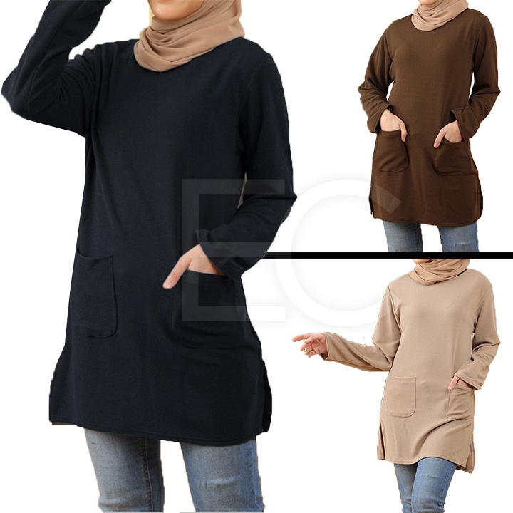 BLOUSE POCKET MUSLIMAH PLAIN LABUH Warna Menarik / Blouse Muslimah ...