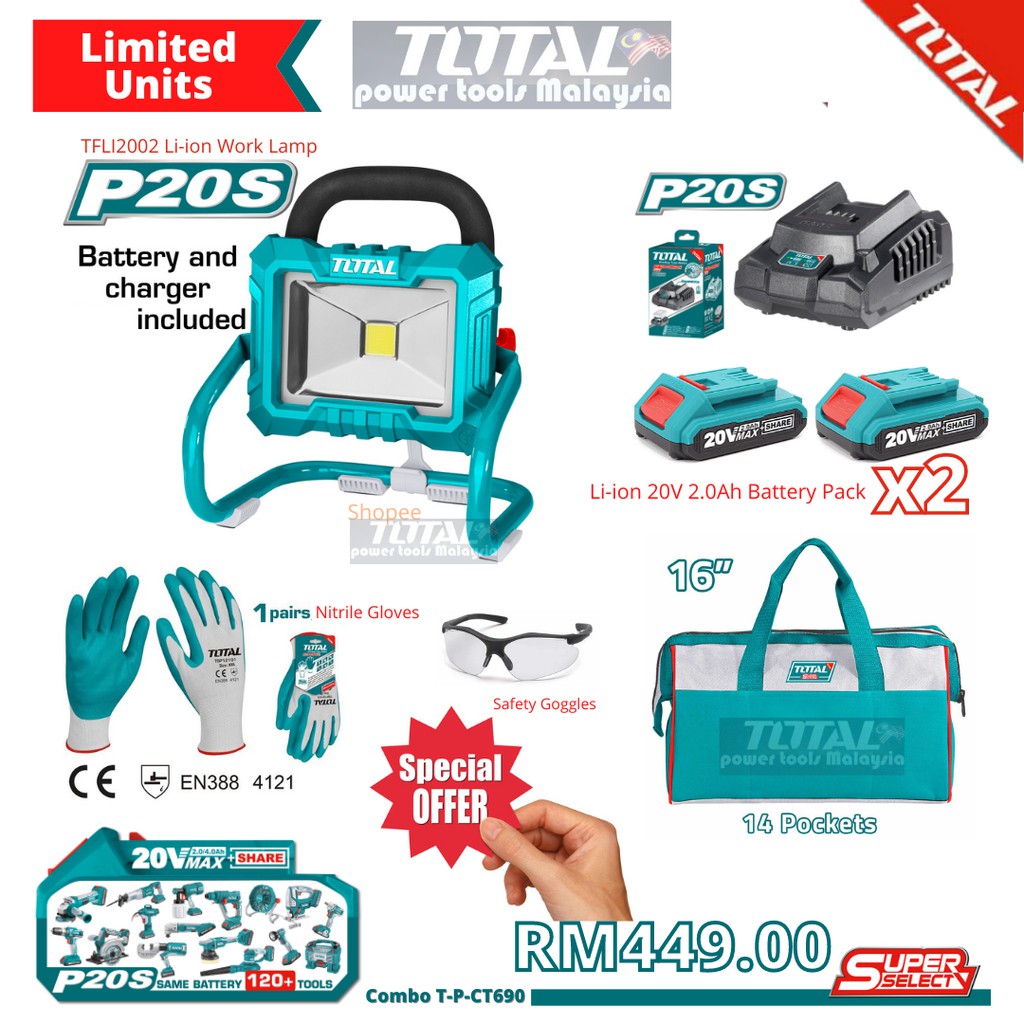 TOTAL TWLI2025 Li-ion Work Lamp + 2 pcs Batteries & Charger Combo Set ...
