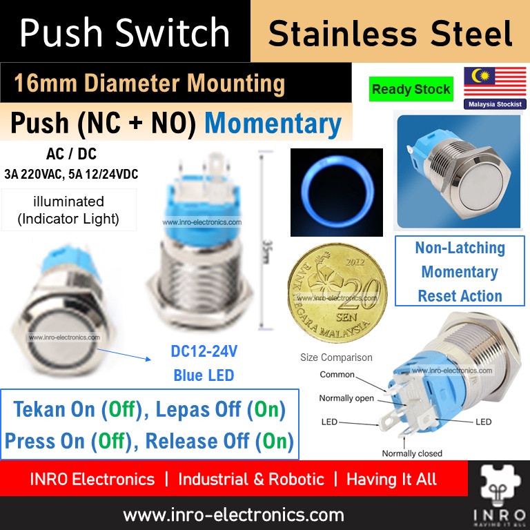 [AC / DC] Waterproof NC NO Push Button Suis 16mm, 19mm, 22mm AC DC ...