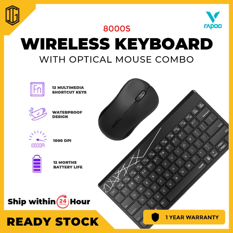 RAPOO 8000S Wireless Keyboard With Optical Mouse Combo 12 Multimedia ...