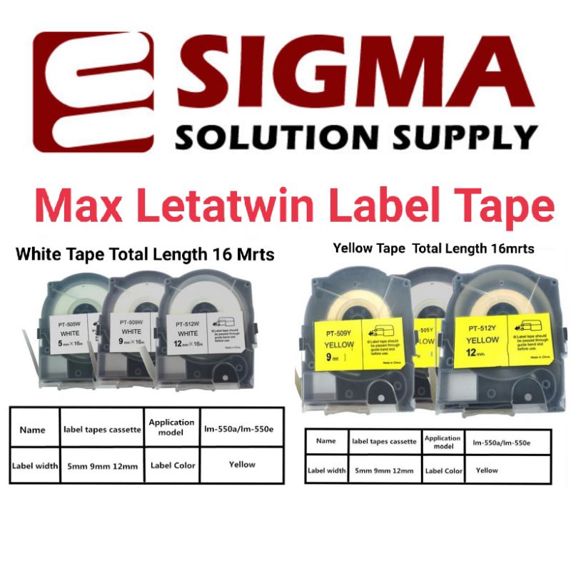 Max Compatible Letatwin 550A CH Label Tape 5mm,9mm,12mm Yellow/White ...