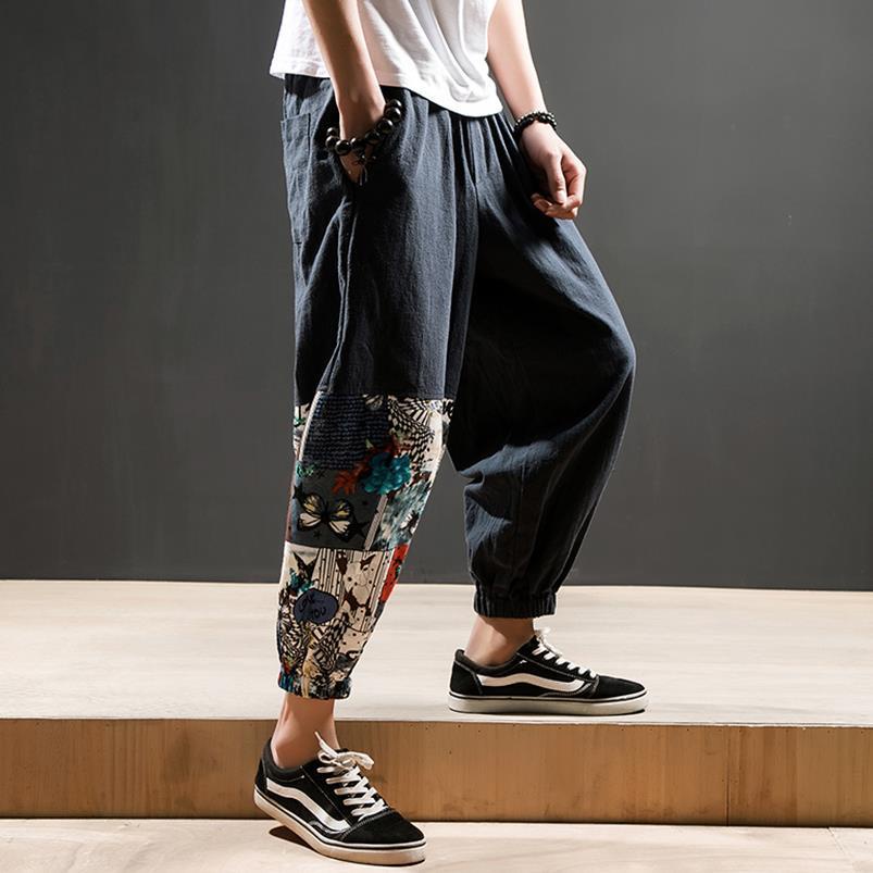 Cotton Linen Cropped Pants Men Summer Thin Stitching Casual Large Size ...