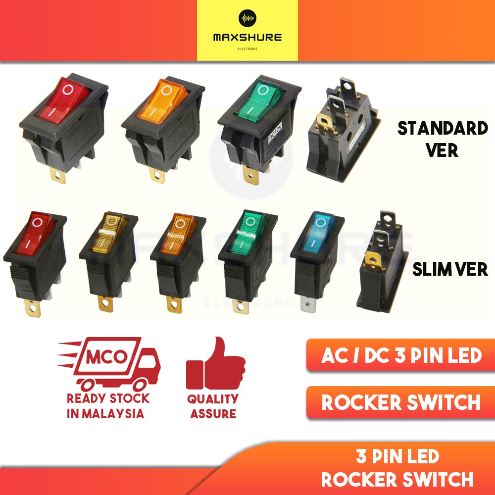 [MaxShure] 3 Pin AC 250V / DC 12V SPST Panel Mount Slim Type / Standard ...