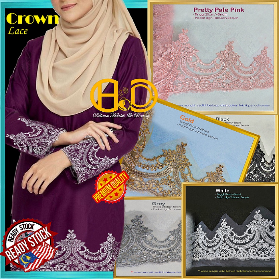 Border Lace Crown 21cm, Premium Quality Taburan Sequin, hiasan pakaian ...
