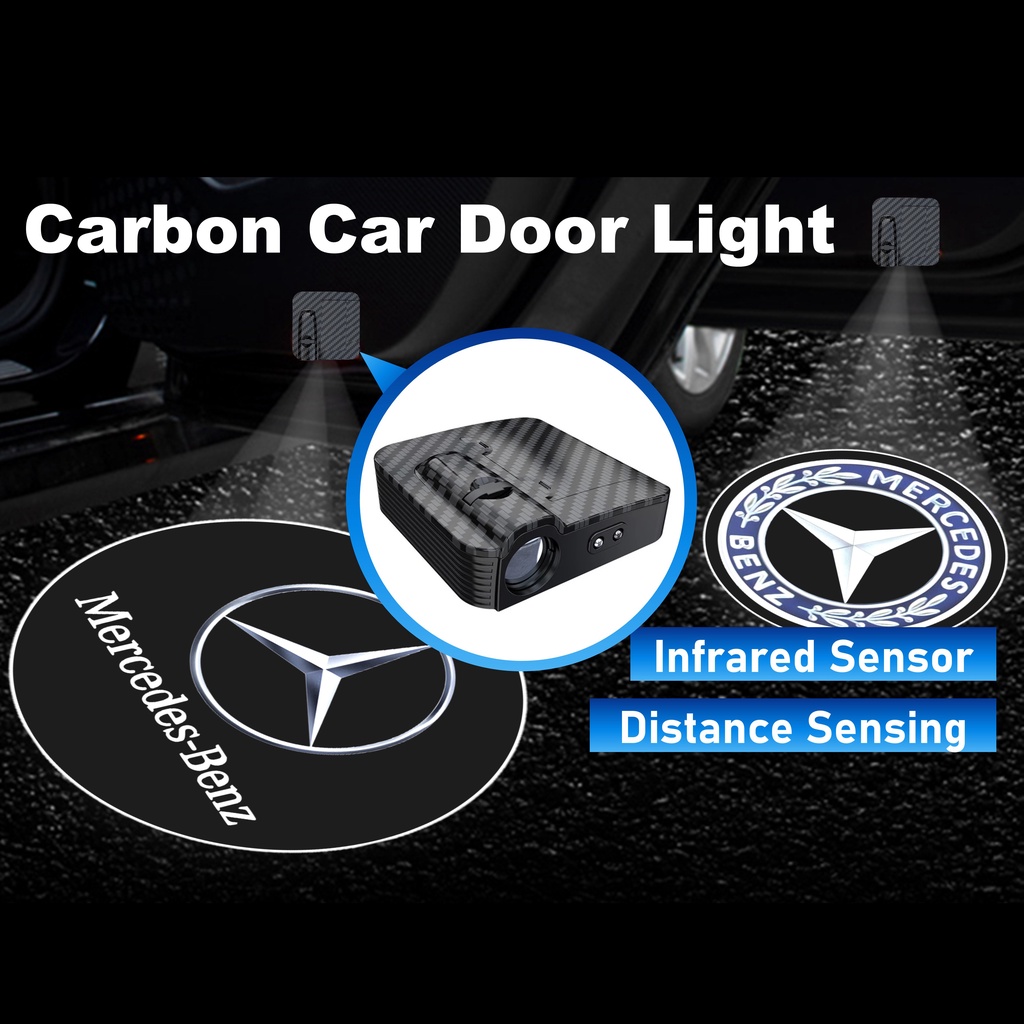 2PCS Mercedes Benz Logo Wireless Carbon Welcome Car Door Light Sensor C ...