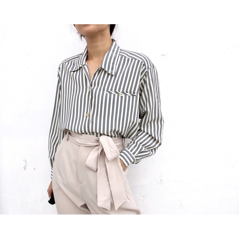 Somi shirt with cream color and dark green stripes | Shopee Malaysia
