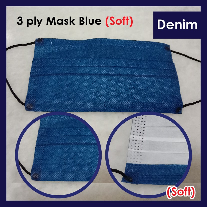 3 Ply Disposable Face Mask - Ear Loop ( Denim ) Jeans Blue Color (50 ...