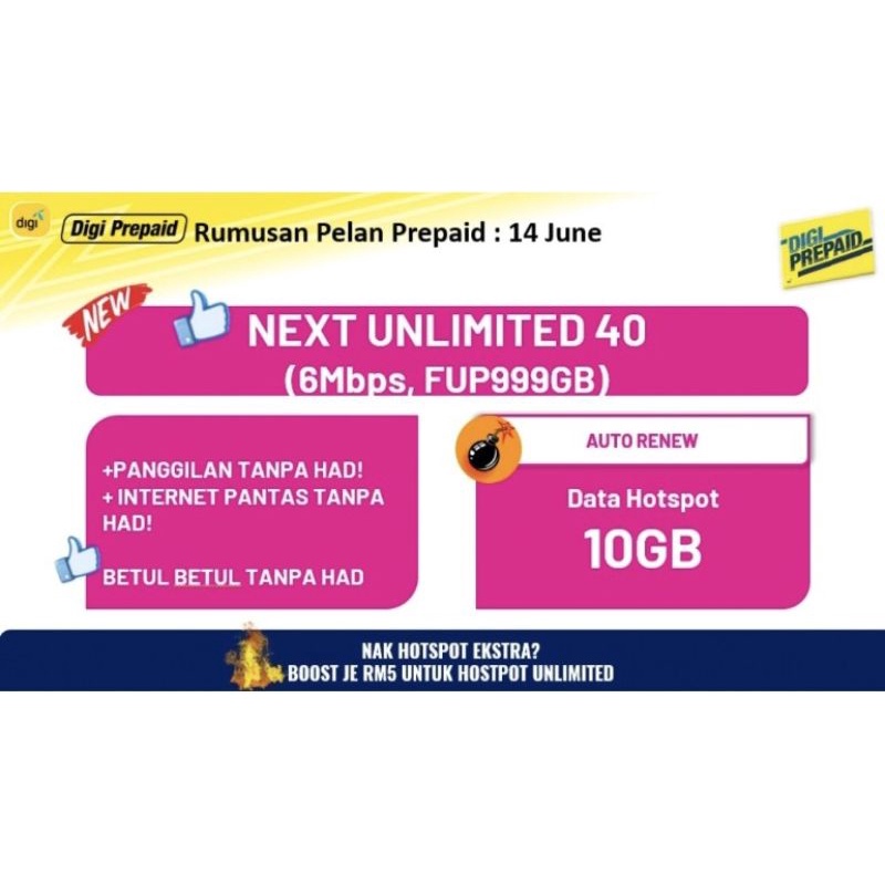 DIGI PREPAID UNLIMITED 40 ( Harga simcard RM10 + termasuk siap pakej ...