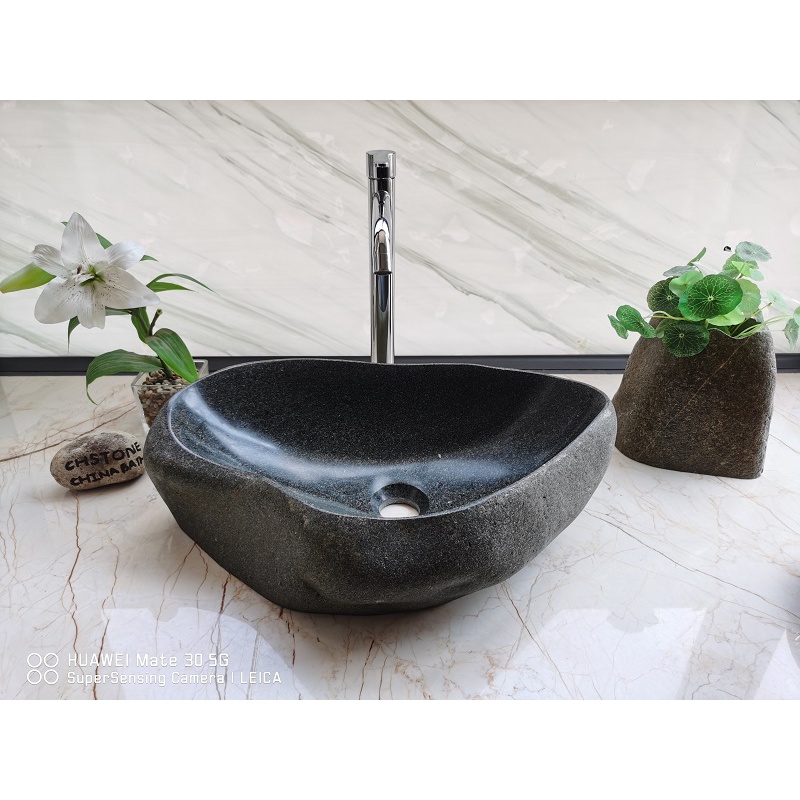 Black cobble stone bathroom vessel sinks dark riverstone washging basin | Shopee Malaysia