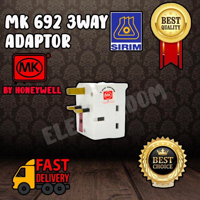 MK 692 13AMP 3 Pin 3 Way Adaptor/Adapter (Bakelite) Sirim Approved 13A 3 Way Adaptor NEON Light ...